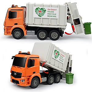 DOUBLE E Benz Licensed Remote Control Garbage Truck Electric Recycling Toy Set with Trash Bin Real Lights Rechargeable Waste Management Trash Truck Toys Gift for Kids