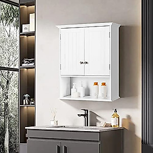 Bathroom Wall Cabinet Mounted with 2 Doors and Adjustable Shelves, 24" x 28" Wooden Medicine Cabinet Over Toilet Storage Wall Hanging Cabinets for Bathroom Bedroom Kitchen Laundry Room
