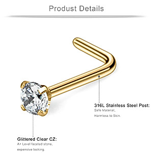 Ruifan 12PCS 20G 316L Surgical Steel 1.5mm 2mm 2.5mm 3mm 3.5mm 4mm Clear Round Diamond Cubic Zirconia Crystal Nose L Shaped Studs Rings Piercing Jewelry - Gold