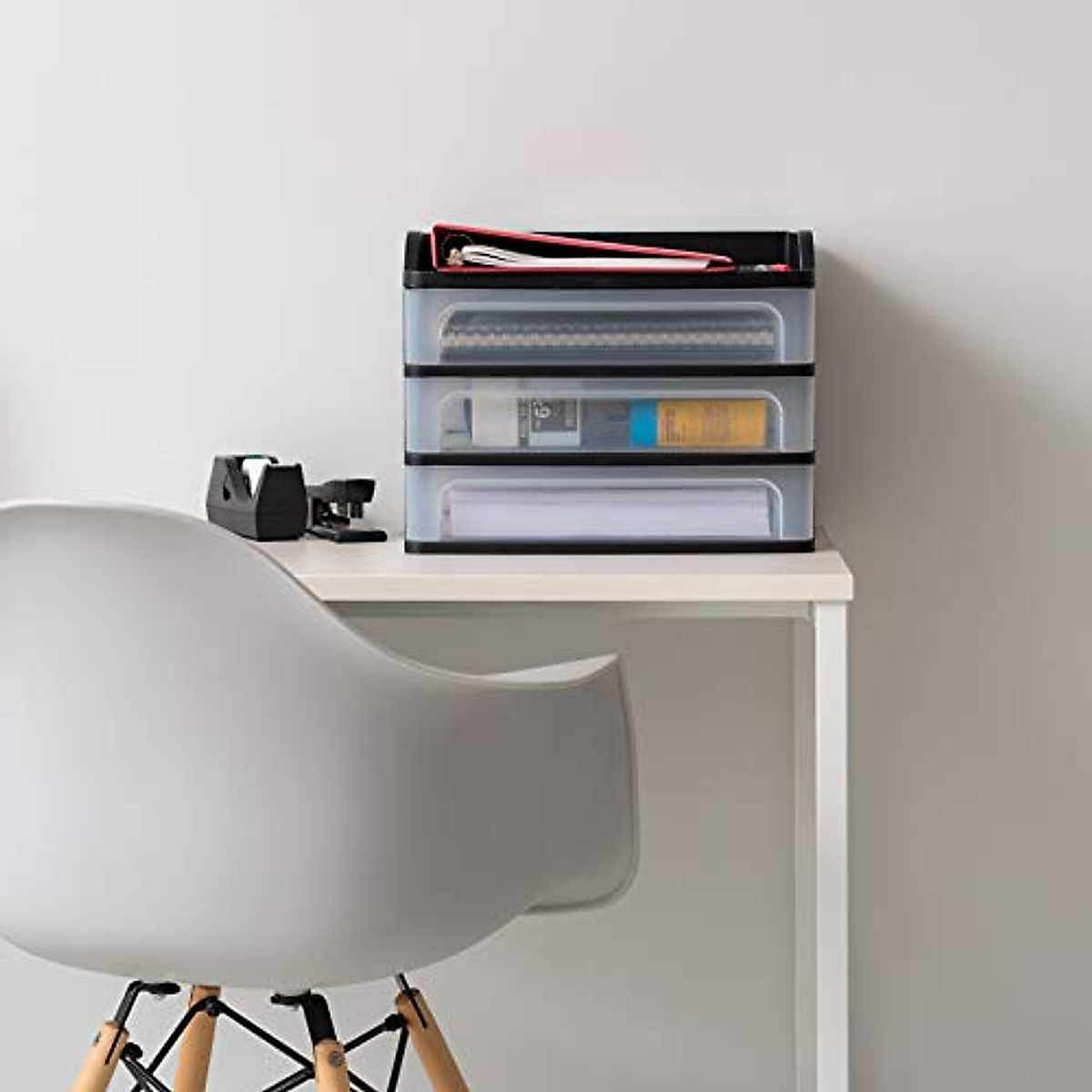 IRIS USA Medium 3-Drawer Desktop Organizer with Open Tray Top, 2 Pack, for Office, School, Stationary, Makeup Organizer, Bathroom, Utility, Medical Supplies, Desk Organizer, Versatile Storage, Black