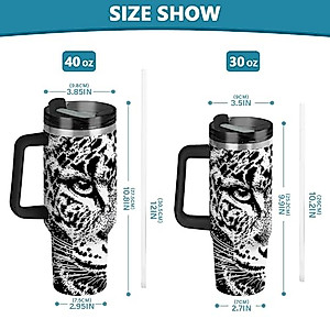 Flradish 30oz Tumbler with Handle, White Black Leopard Portrait Stainless Steel Tumbler with Lid and Straws Double Wall Vacuum Insulated Leakproof Coffee Travel Mug