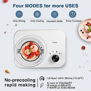 HAVATO 1.0QUART compact Ice Cream Maker with Compressor,No pre-freezing,3 Modes,sorbet machine,Homemade Sorbet/Gelato/milkshake for family of 4-5,recipe included,White