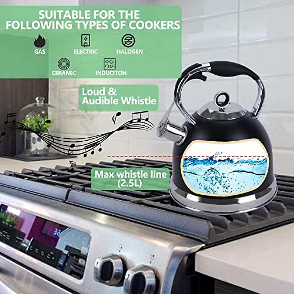 Foedo Tea Kettle, 3 Quart Whistling Tea Kettle for Stovetop with Cool Grip Ergonomic Handle, Food Grade Stainless Steel Tea Pots for Stove Top, Gas Electric Applicable