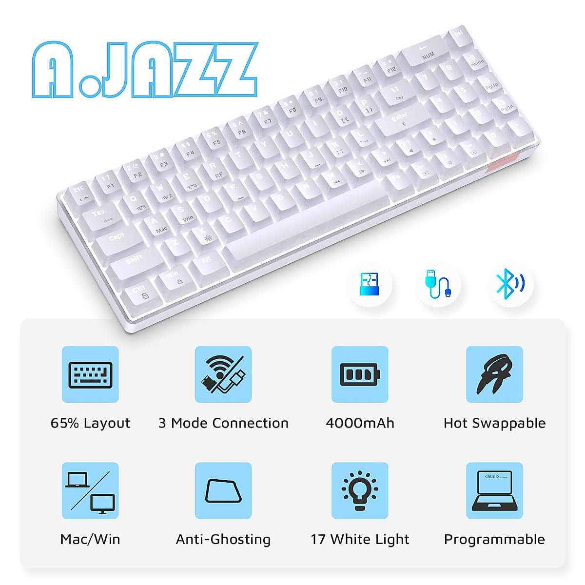 A.JAZZ AK692 Compact Hot-Swappable Wireless Number Pad Mechanical Gaming Keyboard 5.0 Bluetooth Type C Wired Mode 4000 mAh Rechargable Light up for Mac Laptop IP ad PC Phone PS4 Gamer Office - White