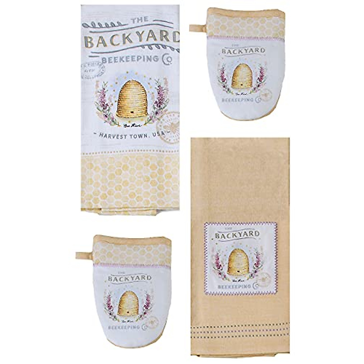 Kay Dee Designs 4 Piece Farmhouse Backyard Bee Keeping Kitchen Bundle, 2 Towels and 2 Grabber Mitts