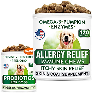 Allergy Relief + Dog Probiotics Chews Bundle - Itchy Skin Relief + Upset Stomach Relief - Omega 3, Pumpkin, Enzymes, Prebiotics - Seasonal Allergies + Improve Digestion - 120 + 120 Chews - Made in USA