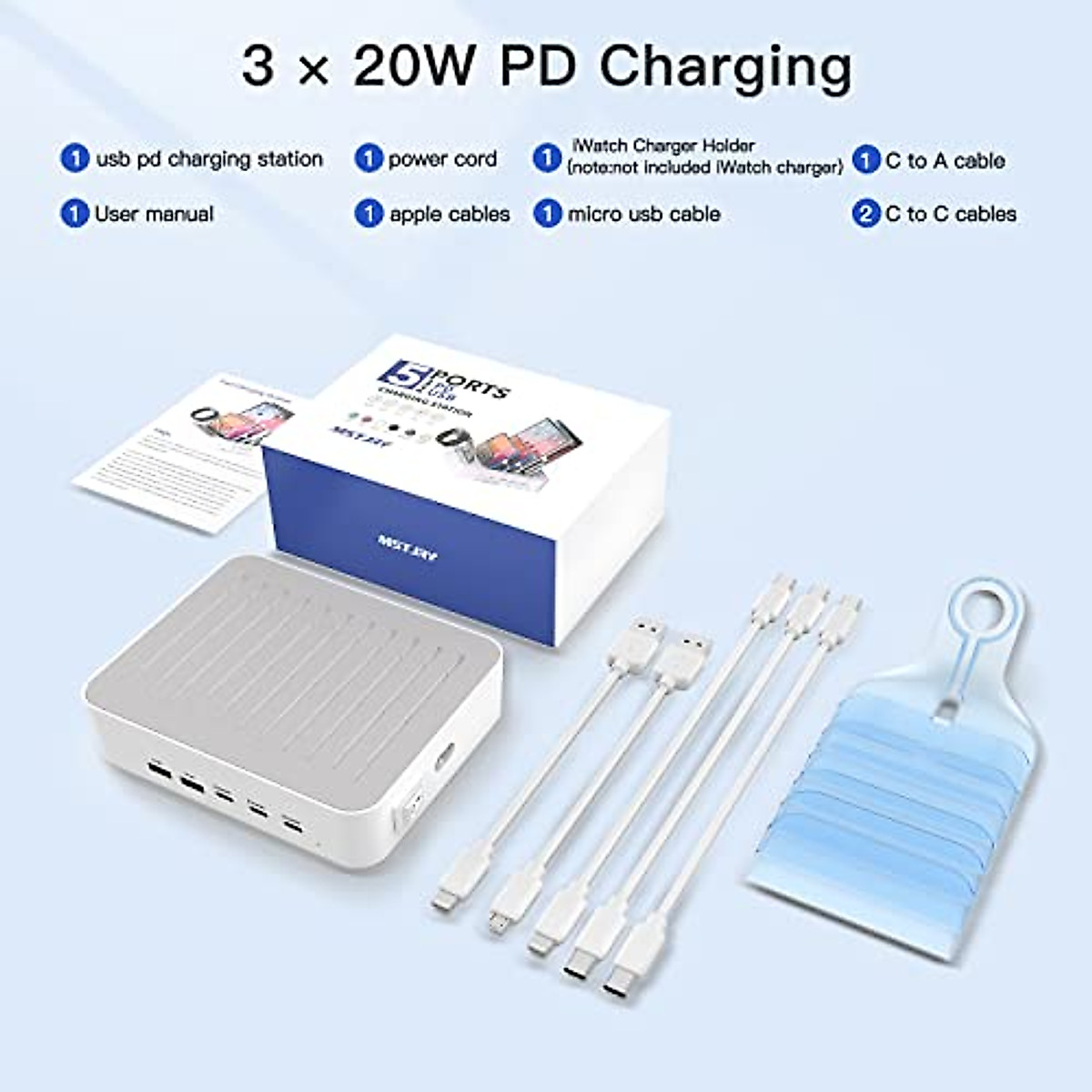 MSTJRY Fast Charging Station - USB C and USB A, 90W 5-Port PD Charger Station for Multiple Devices Apple Designed for iPad, iPhone 14 13 12 Series Galaxy Note 20 S21 S22 Tablet, Holder for Apple Watch