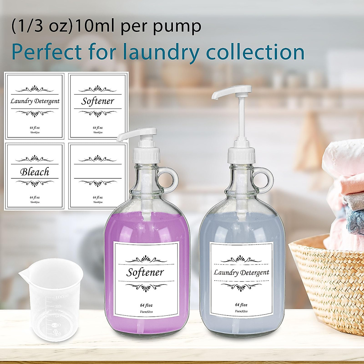 2 Pack Laundry Detergent Dispenser with Pump and Lid, 64 Oz Glass Bottles for Laundry Room Organization and Storage, Fabric Softener Dispenser for Washer