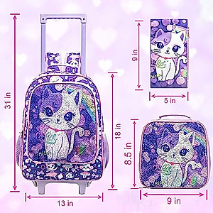 UFNDC 4PCS Rolling Backpack for Girls, Kids Cat Sequin Wheeled Bookbag ，Travel Roller School Bag with Wheels