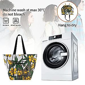 Sinestour Buttercup Anemone Flowers Reusable Grocery Bags Foldable Heavy Duty Shopping Tote Bag for Women with Pouch Eco Friendly Washable for Supermarket Gift