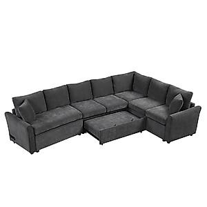 Livavege Convertible Sleeper Sectional Sofa with Pull-Out Bed and Storage Space & Ottoman, Armrest w/USB Ports & Cup Holders, Corner 6 Person L-Shape Couch for Living Room, Office, Apartment
