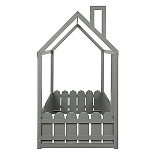Kids House Beds, Twin Floor Bed with Fence Wood Cabin Bed Frame Can be Decorated for Kids, Teens, Girls, Boys, Gray