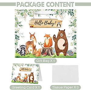 13" Large Baby Boy Girl Gift Bag for Baby Shower or Birthday with Handle, Tissue Paper and Greeting Card (Woodland Animals Sage Green Design)