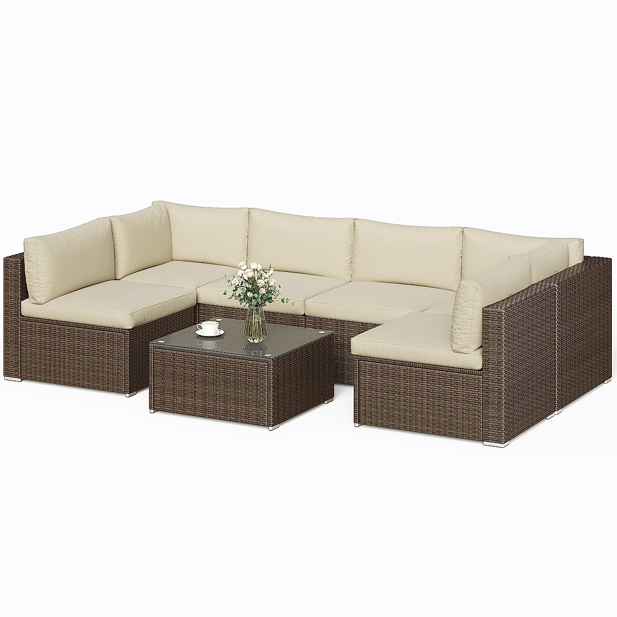 SUNVIVI OUTDOOR 7 Piece Patio Sectional Sofa Outdoor All Weather Brown PE Wicker Furniture Set, Paito Conversation Sofa Set with Glass Table, Removable Beige Cushions