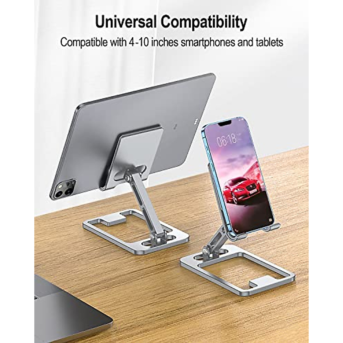Folding Cell Phone Stand, Adjustable Desktop Phone Holder Dock Compatible with Phone 14 13 12, Plus, Pro, Pro Max, Samsung Galaxy S22 S10, 4-10 inch Tablet (Silver)