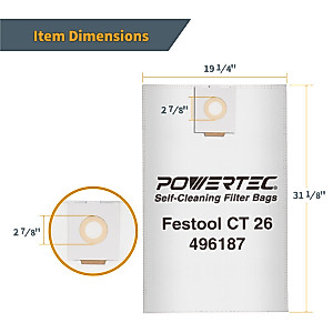 POWERTEC 75037 Filter Bags for Festool 496187 Fits CT 26, 5PK