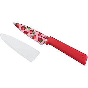 KUHN RIKON Colori+ Non-Stick Straight Paring Knife with Safety Sheath, 4 inch/10.16 cm Blade, Funky Fruit Strawberry