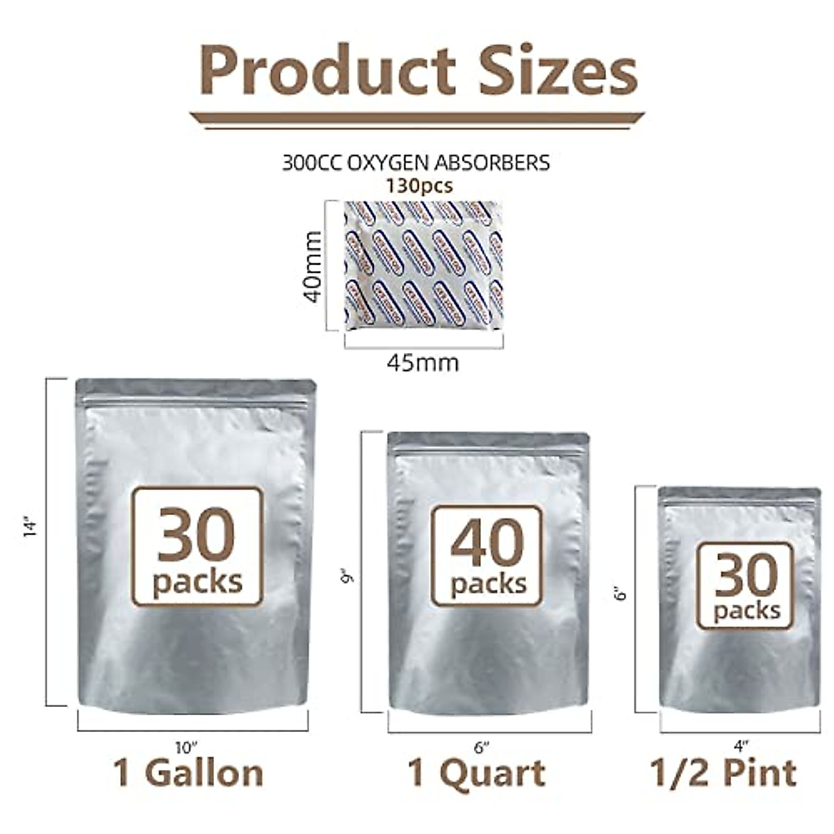 Habitual Heart 100 Thick Mylar Bags for long term food storage 130 300cc Oxygen Absorbers & Emergency Food Kit Gusset Stand-Up Ziplock Resealable Bags 9.5 mil Thick 3 sizes: Gallon Quart 1/2Pint