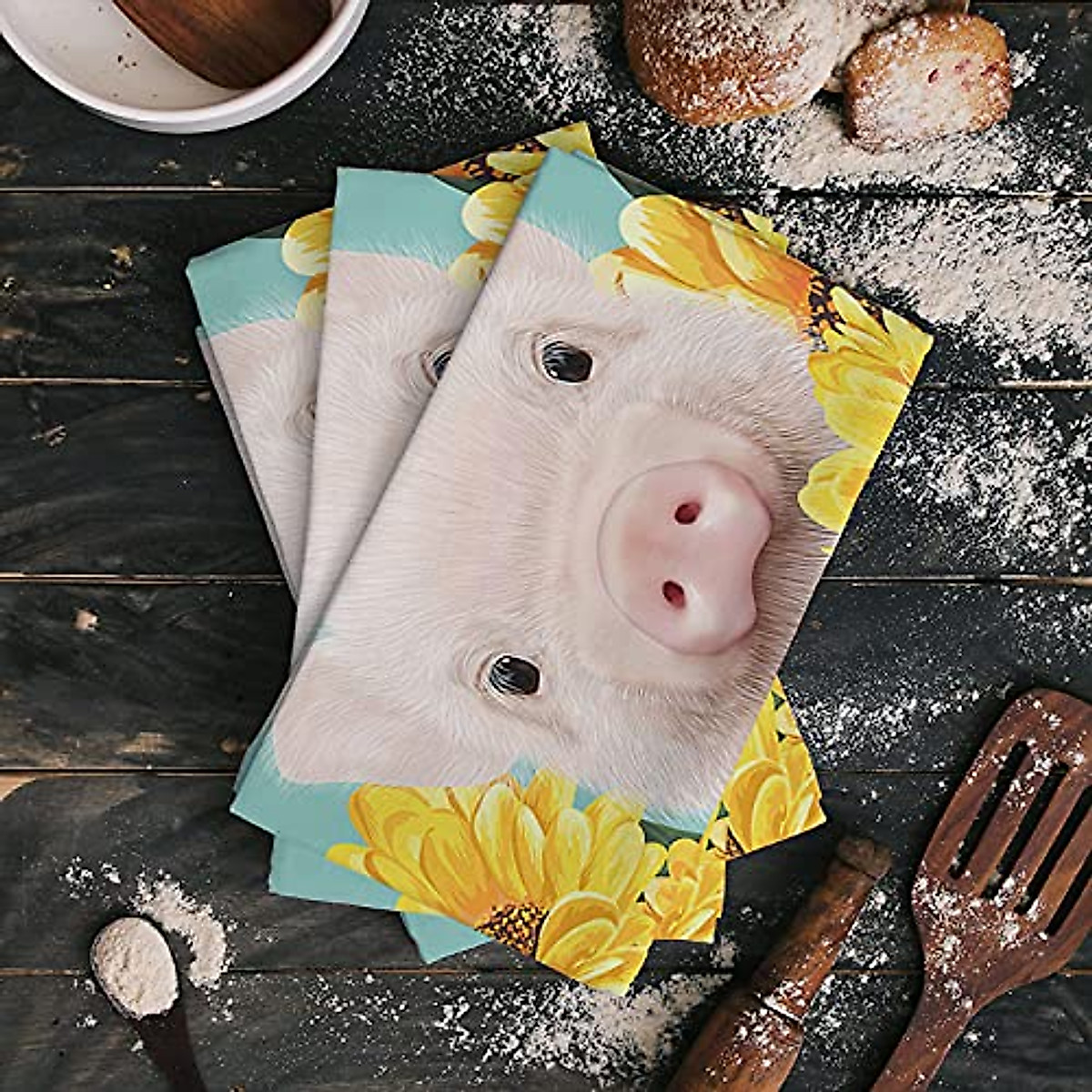 Farm Cute Pig Kitchen Towels Dish Cloth Towel Absorbent Hand Towel Cleaning Cloth,Idyllic Chrysanthemum Flower Dishcloth Quick Drying for Dishes Counter 2 Pack