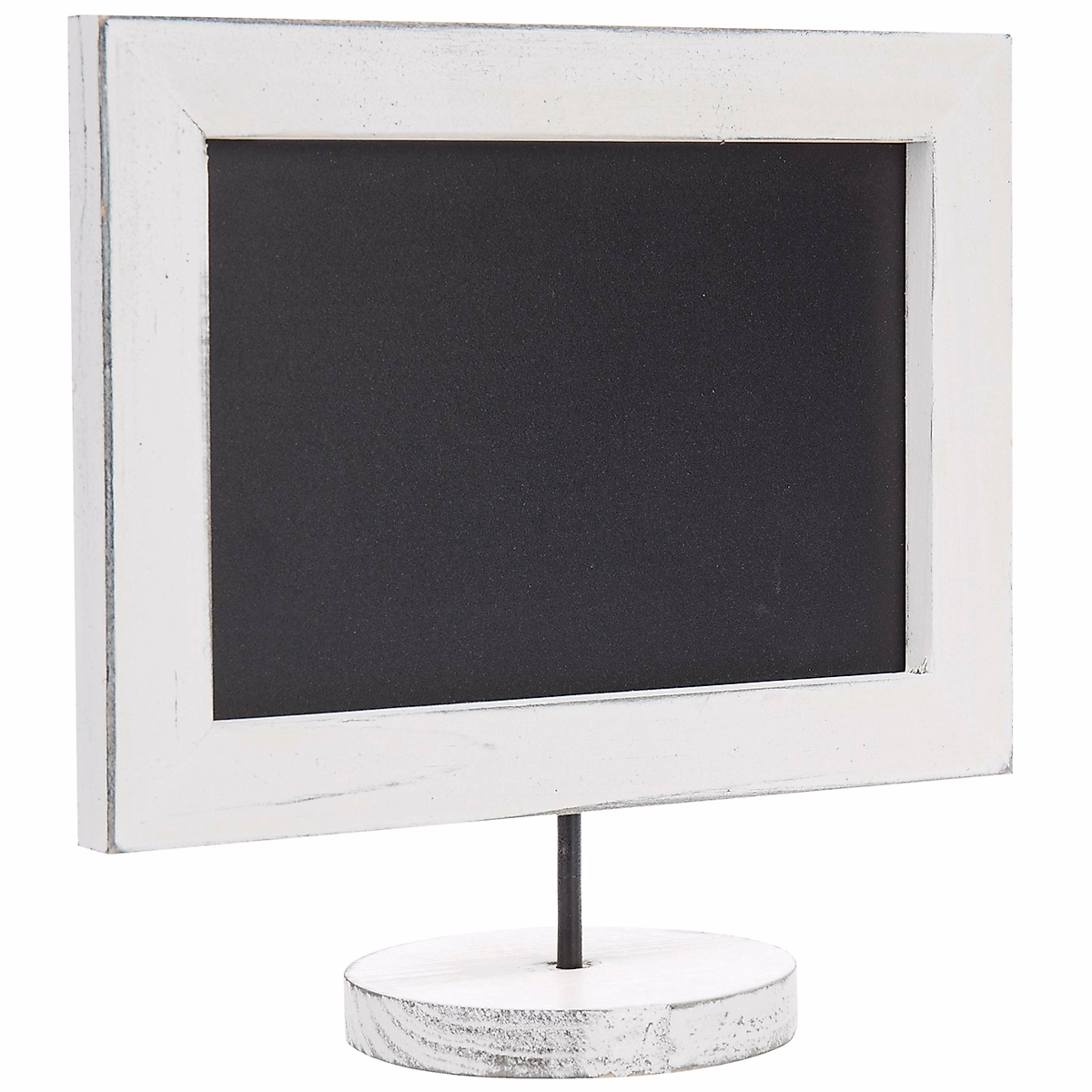 MyGift 12-Inch Vintage White Wood Chalkboard Sign Tabletop Wooden Framed Small Chalkboard with Round Pedestal Stand, Display Vertical or Horizontal