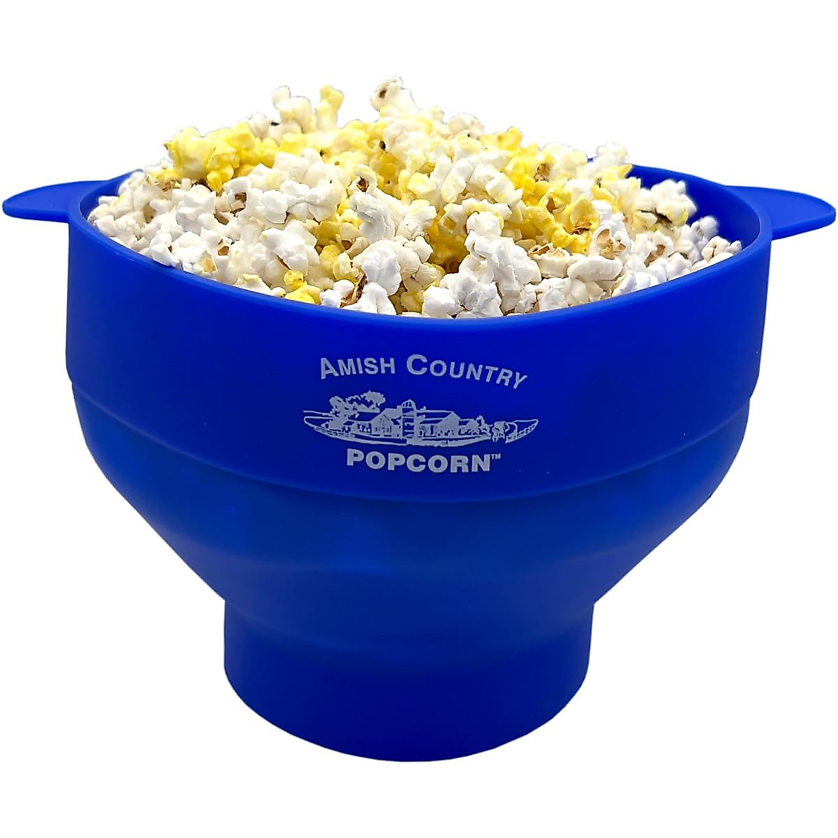 Amish Country Popcorn | Collapsible Silicone Microwave Popper with Customized ACP Logo | BPA and PVC Free Popcorn Bowl with Handles | Dishwasher Safe | Includes 2-2 oz Bags of Kernels (Blue)