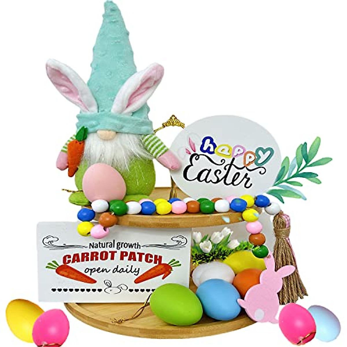 Easter Decorations-Easter Tiered Tray Decor-Easter Spring Table 2 Wooden Signs Gnomes Bunny,egg,Bead Garland Bundle-RusticTiered Tray Items (Easter Decorations)