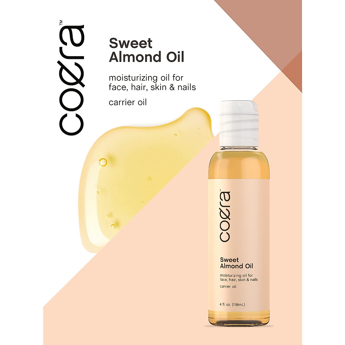 Coera Sweet Almond Oil for Face, Hair, Skin & Nails | 4 fl oz | Cold Pressed | Carrier Oil | Free of Parabens, SLS, & Fragrances