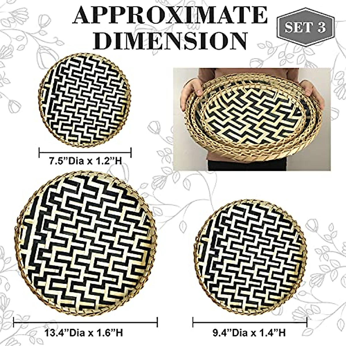 Bamboo Woven Wall Baskets Decor Boho Flat Set 3 Shallow Basket for Organizing Kitchen Wicker Tray for Coffee Table Trays Decorative Plates for Wall Hanging Farmhouse Wicker Serving Tray