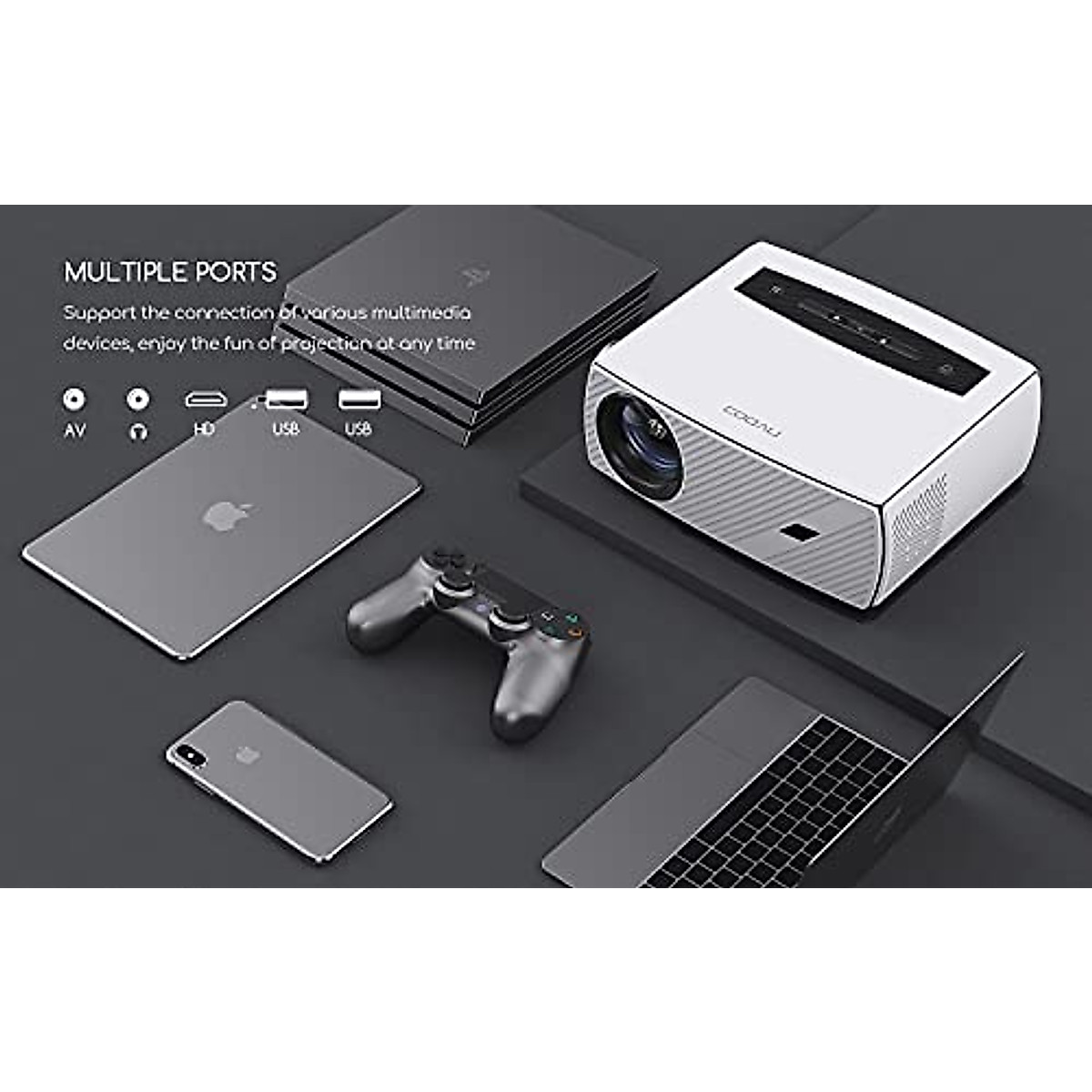 COOAU WiFi Bluetooth Projector HD 1080p Compact Portable Projector, 220ANSI Dolby Sound Support Movie Projector for Outdoor Indoor Home Theater Compatible TV Stick, HDMI, Phone, Laptop, DVD, Ceiling
