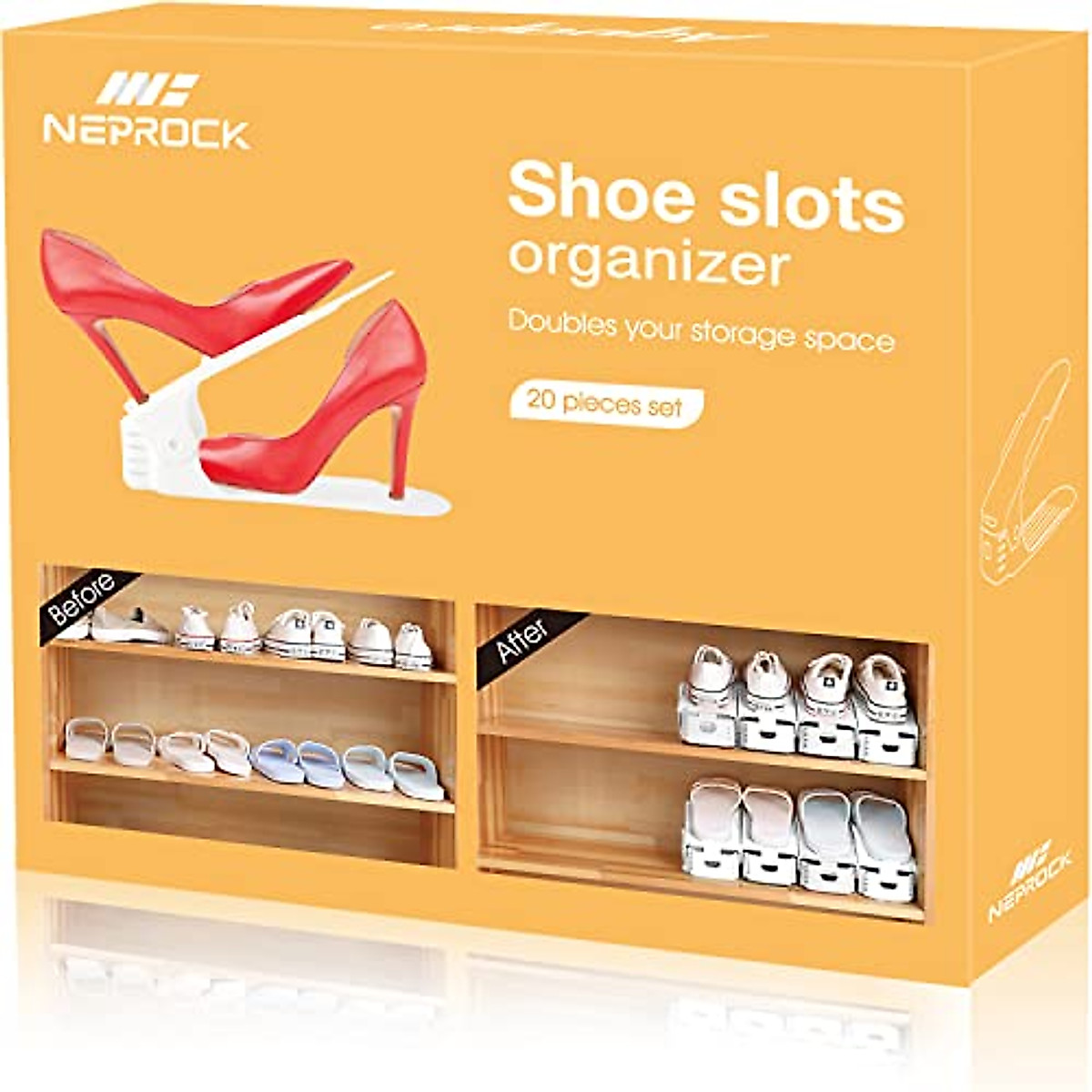 Neprock 20-Pack White Shoe Slots Organizer Bundle with Clothing Rack with Shelves