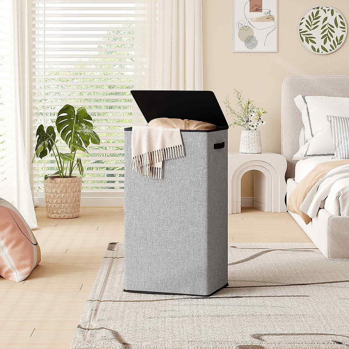 Relefree Laundry Hamper with Lid,100L Large Collapsible Laundry Baskets,Dirty Clothes Hamper with Removable Bag,Tall laundry Hamper with Internal Support for Bedroom,Bathroom,Dorm,Laundry Room,Grey