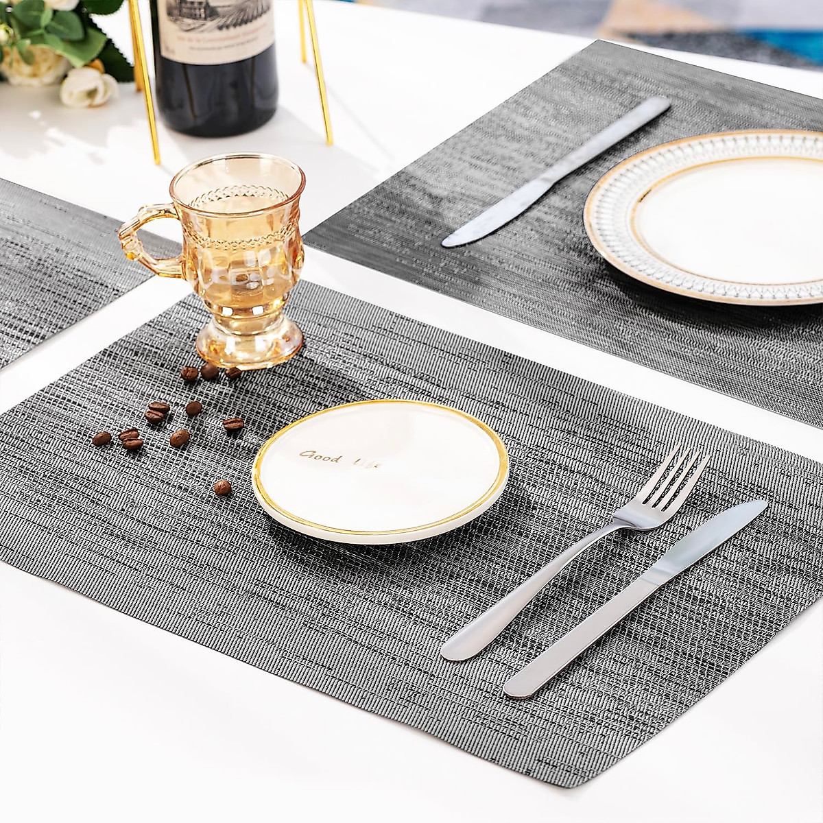 Leetaltree Grey Placemats, Heat Resistant Non-Slip Place mats for Dining Table, Washable Durable PVC Vinyl Woven Table Mats (Set of 4)