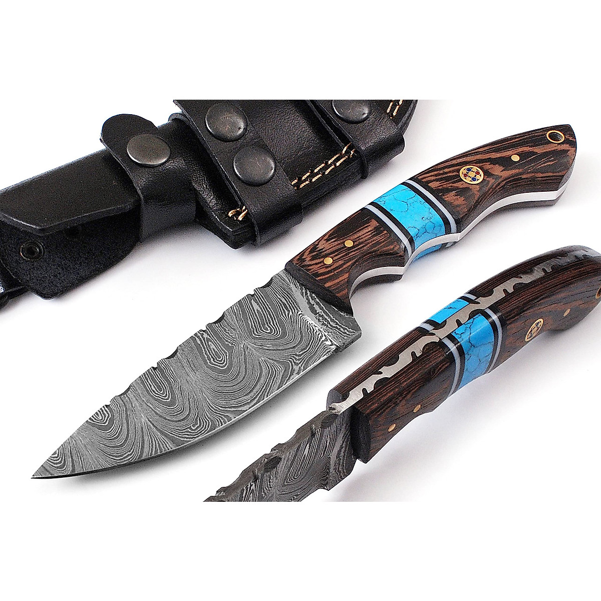 AA KNIVES 8.75” Handmade Damascus Hunting Knife with Leather Sheath - Fixed Blade Knife with Turquoise & Wang Wood Handle – Ideal for Skinning, Camping and Outdoor
