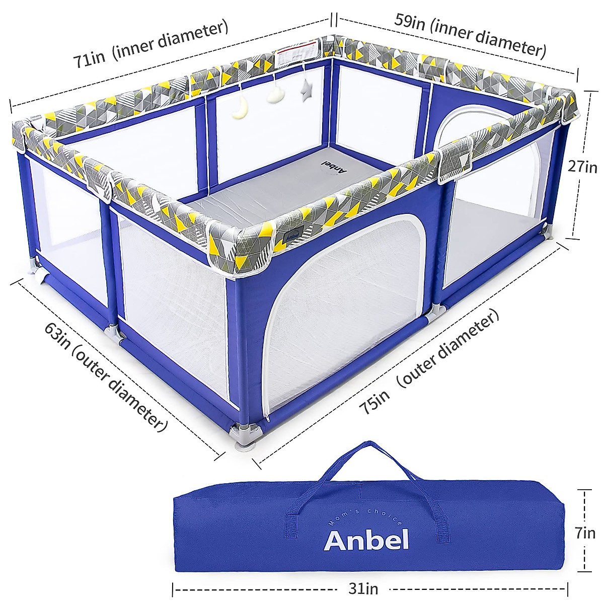 Anbel Baby Playpen with Mat, Extra Large Playyard, Playpen for Babies and Toddlers, Indoor and Outdoor Kids 71x59 Inches Playpen with Breathable Mesh, Blue