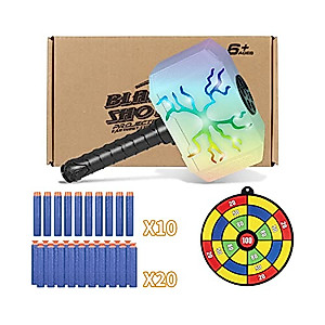 Thor Dart-Blasting Hammer Toys for Nerf Guns-Toys for 5 6 7 8+ Year Old Boys,Kids Roleplay Toy Thunder Mjolnir for with Lights, with 30 Darts