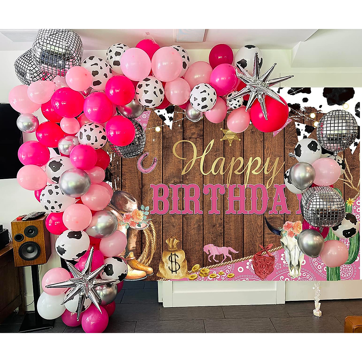 Western Cowgirl Happy Birthday Backdrop Cow Print Pink Wild Party Decorations Banner Rustic West Rodeo Boot Cowgirl Birthday Photography Background Party Supplies Banner 7X5FT(82x59inch)