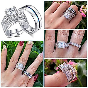 18k Gold Plated Princess Wedding Ring Sets for Him and Her Women Men Titanium Stainless Steel Bands 3.0Ct Cz Couple Rings Size 10&8