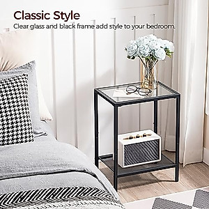 MAHANCRIS End Tables Set of 2, Side Table with Tempered Glass Top, Narrow Beside Table for Small Space, 2-Tier Nightstand with Storage Shelf, for Sofa Couch and Bed, Easy Assembly, Black ETH24B01S2