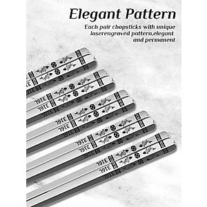 5 Pairs Metal Chopsticks, Reusable 316L Stainless Steel Chopsticks with Laser Engraved Non-Slip, Lightweight Square Design, Japanese Chinese Korean Design, Dishwasher Safe, Gift Set, Fish Pattern