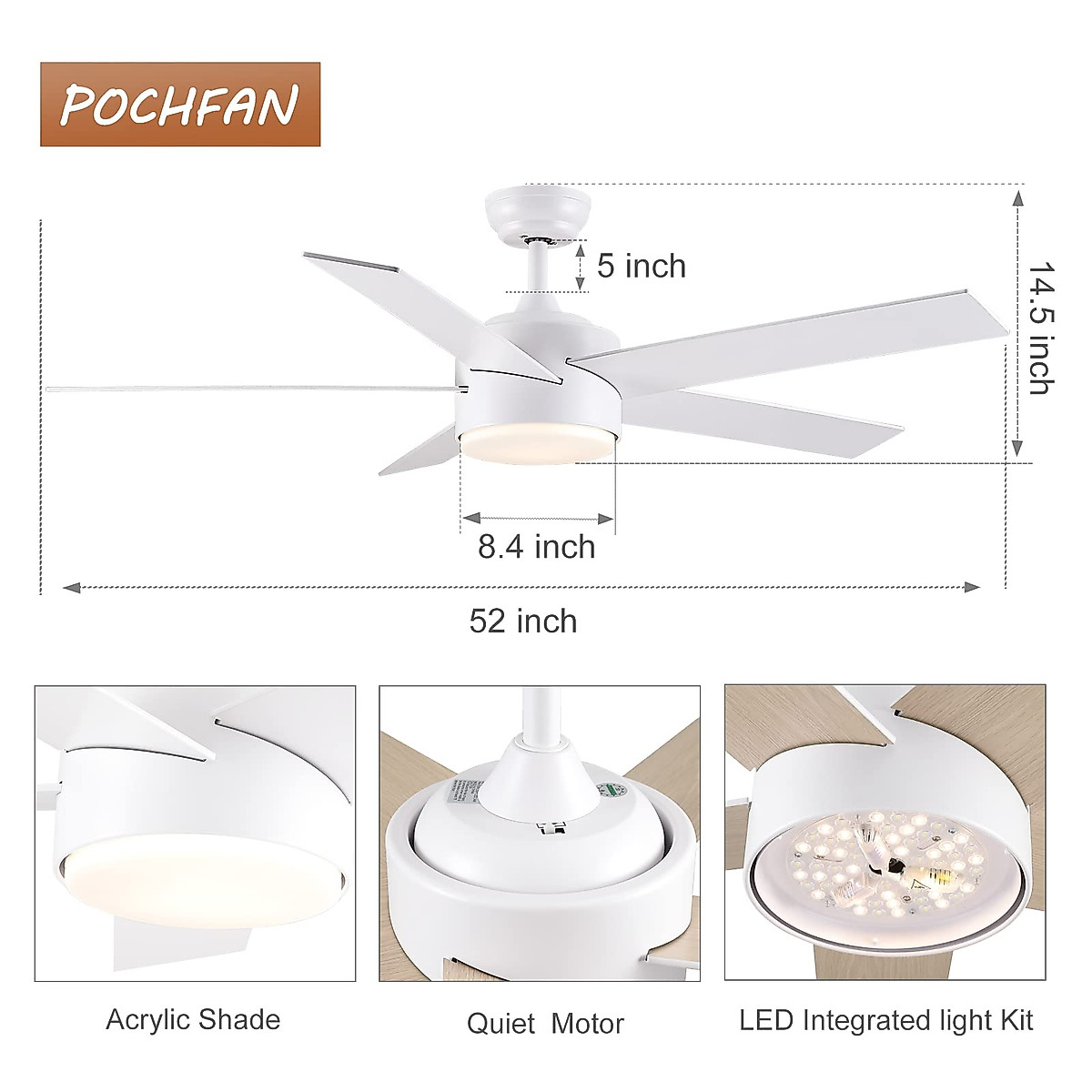 POCHFAN 52 inch White Ceiling Fans with Lights and Remote, Wooden 5 Blades LED Modern Ceiling Fan for Bedroom, Living Room, Dining Room, 3 CCT 6-Speed Quiet Reversible