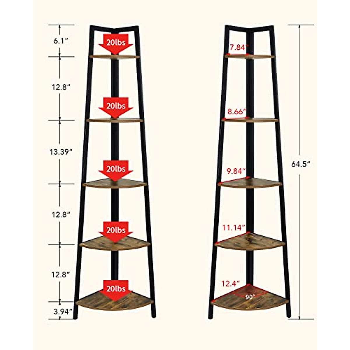 Pshelfy 5-Tier Corner Shelf, Rustic Corner Bookshelf Bookcase Multipurpose Corner Ladder Shelf Plant Stand for Living Room, Kitchen, Home Office Small Space (Brown)