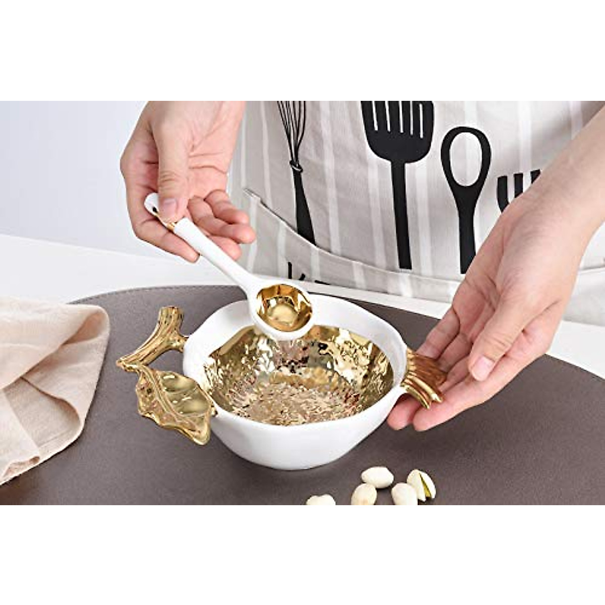 Pampa Bay Get Gifty Bowl and Spoon Set for Soup, Snacks, Nuts and More, Gold Pomegranate