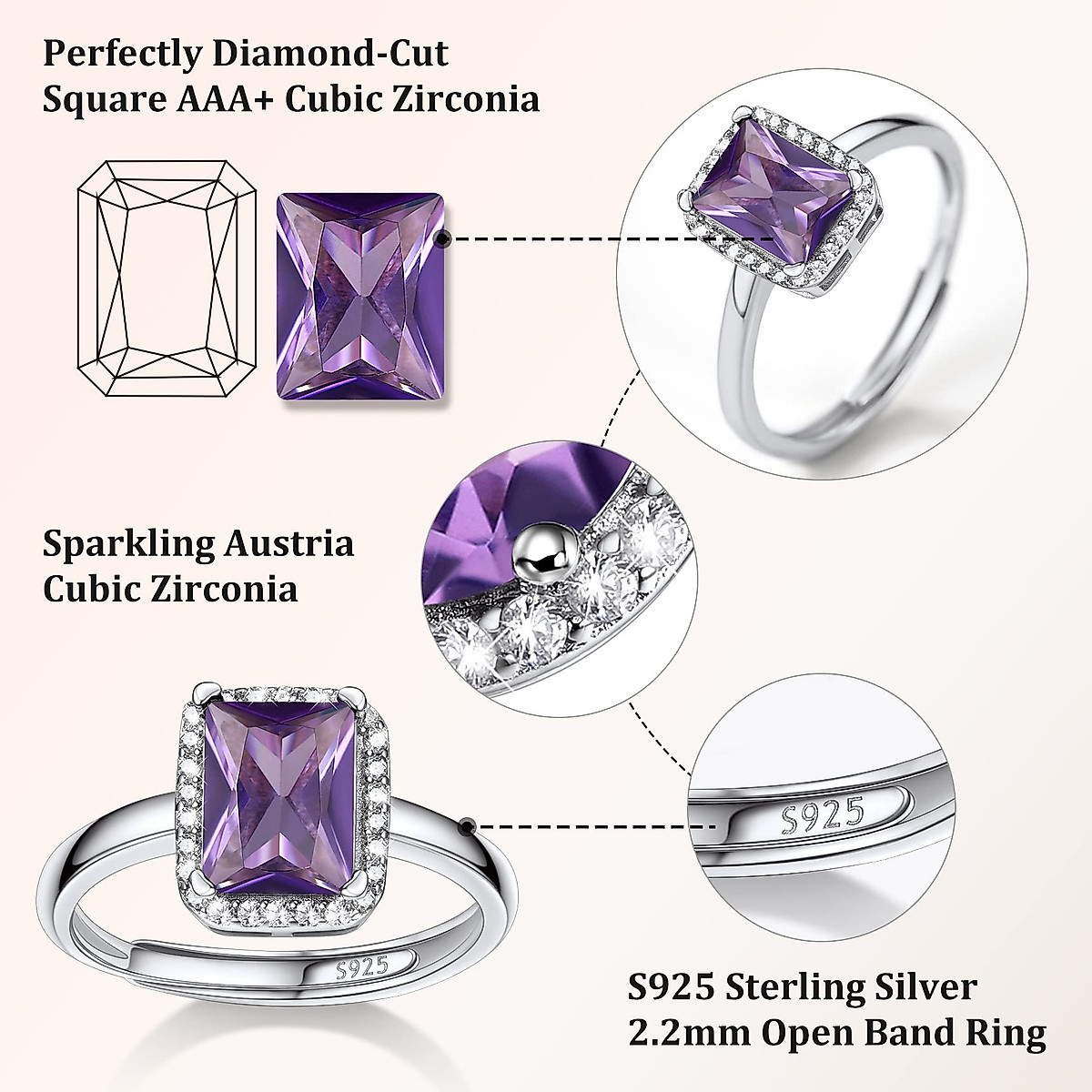 Bestyle 925 Sterling Silver Square Crytsal Cubic Zirconia Rings | Classic Silver February Amethyst Crystal Birthstone Rings for Women, Great Birthday Gift for Daughter/Wife/Mom/Grandma
