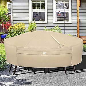 CAMPROS Rectangular/Oval Patio Furniture Cover with Roof Pole, Waterproof Outdoor Table Chair Set Covers, Fade Resistant Cover for Outdoor Furniture Set, UV Resistant, 134" L x 84" W x 56" H - Beige