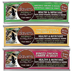 Dave's Pet Food Grain Free Cat Food in Gravy Variety Bundle: (4) Shredded Chicken & Ocean Whitefish, (4) Shredded Chicken & Tuna and (4) Minced Chicken (12 Cans Total, 2.8 Oz Each) Plus Silicone Lid
