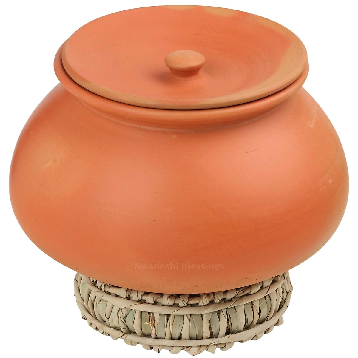 Swadeshi Blessings HandMade Exclusive Range Unglazed Mud/Earthen Handi/Mitti Ke Bartan/Clay Pot for Cooking & Serving with Lid, 3 Liters (with Mirror Shine) + Free Palm Leaf Stand
