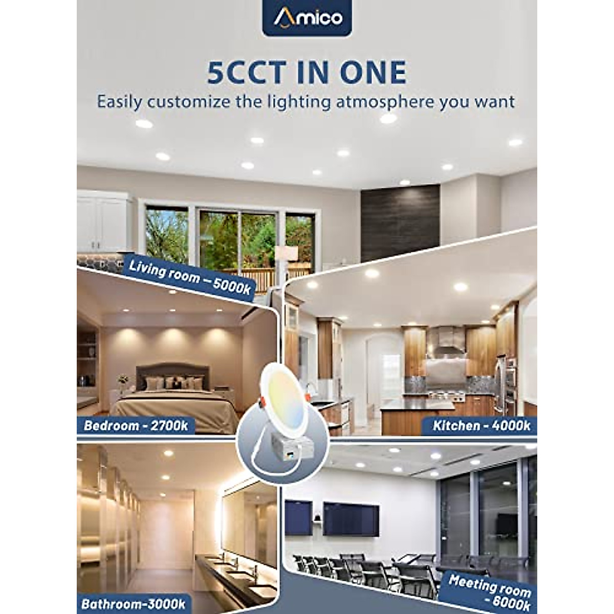 Amico 12 Pack 6 Inch 5CCT Ultra-Thin LED Recessed Ceiling Light with Junction Box, 2700K/3000K/4000K/5000K/6000K Selectable, Dimmable Canless Light, 1200LM High Brightness Downlight, 15W Eqv 130W, ETL