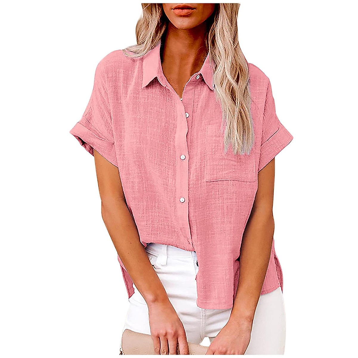 SMIDOW Womens Button Down Cotton Linen Shirts V Neck Roll Up Short|Long Sleeve Blouses Loose Collared Shirt Casual Work Tops