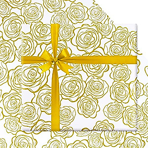 Wedding Wrapping Paper, 7 Sheets Golden Rose Pattern in White Art Paper with 1 Roll Gold Ribbon, 20 x 28 inch Per Sheet Folded Flat Gift Wrap for Weddings, Birthday, Baby Showers, Bridal Showers