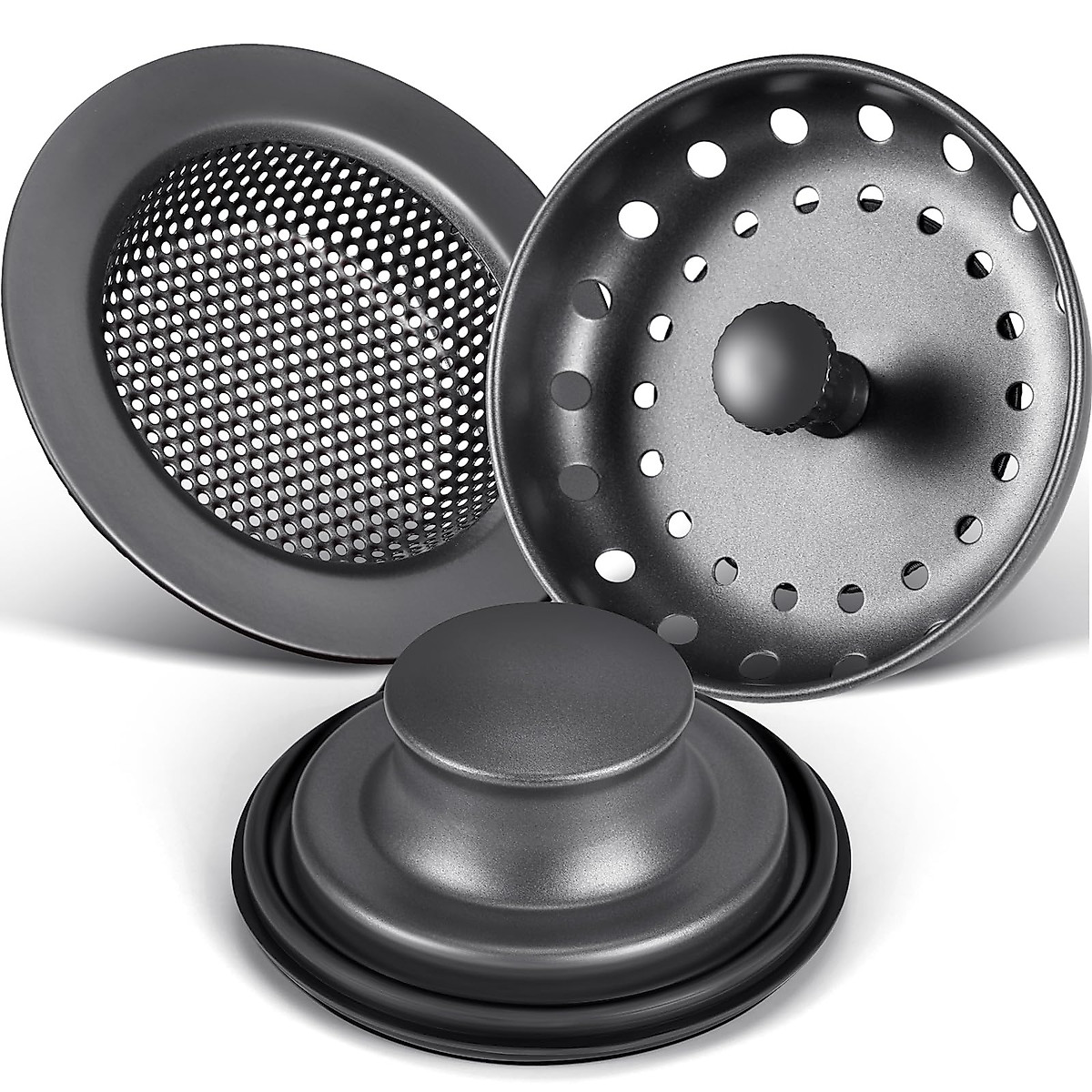 Mudder 3 Pcs Kitchen Sink Drain Strainer and Stopper Stainless Steel Garbage Disposal Plug with Handle Universal Anti-Clogging Kitchen Sink Filter Sieve Basket Strainer(Graphite Gray)